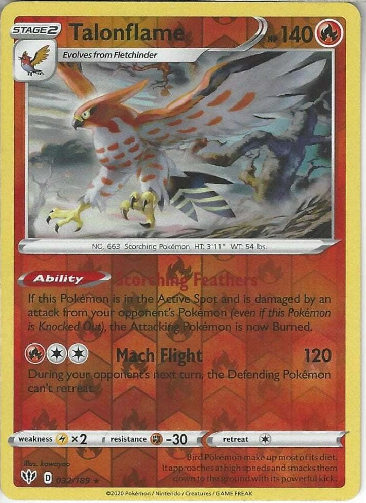Talonflame 032/189 Rare Reverse Holo Pokemon Card (Darkness Ablaze ...