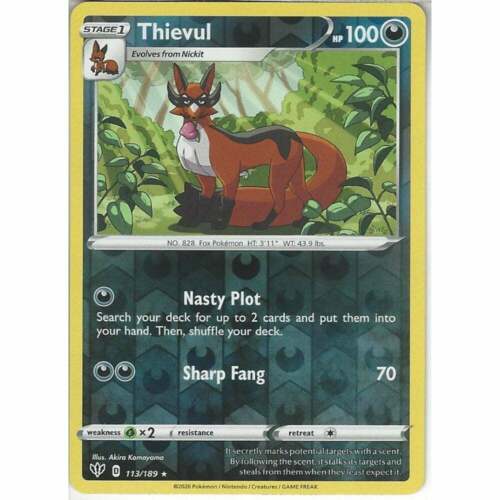 Thievul 113/189 Rare Reverse Holo Pokemon Card (Darkness Ablaze ...